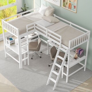 [2 Beds in 1] Wood Twin Size L-Shaped Loft Bed with Ladder and 2 Built ...